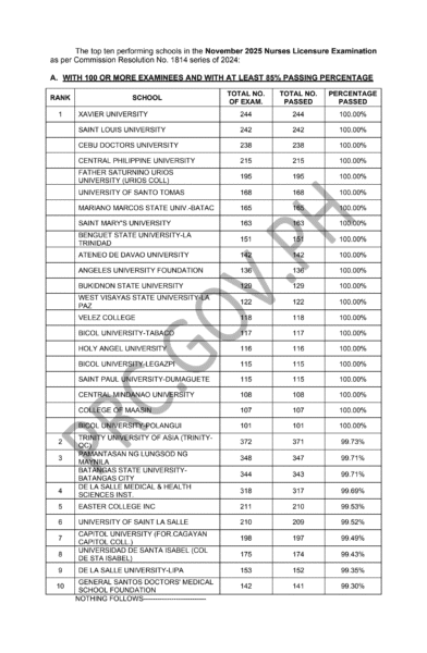 PERFORMANCE OF SCHOOLS: November 2025 Philippine Nurse Licensure Exam ...